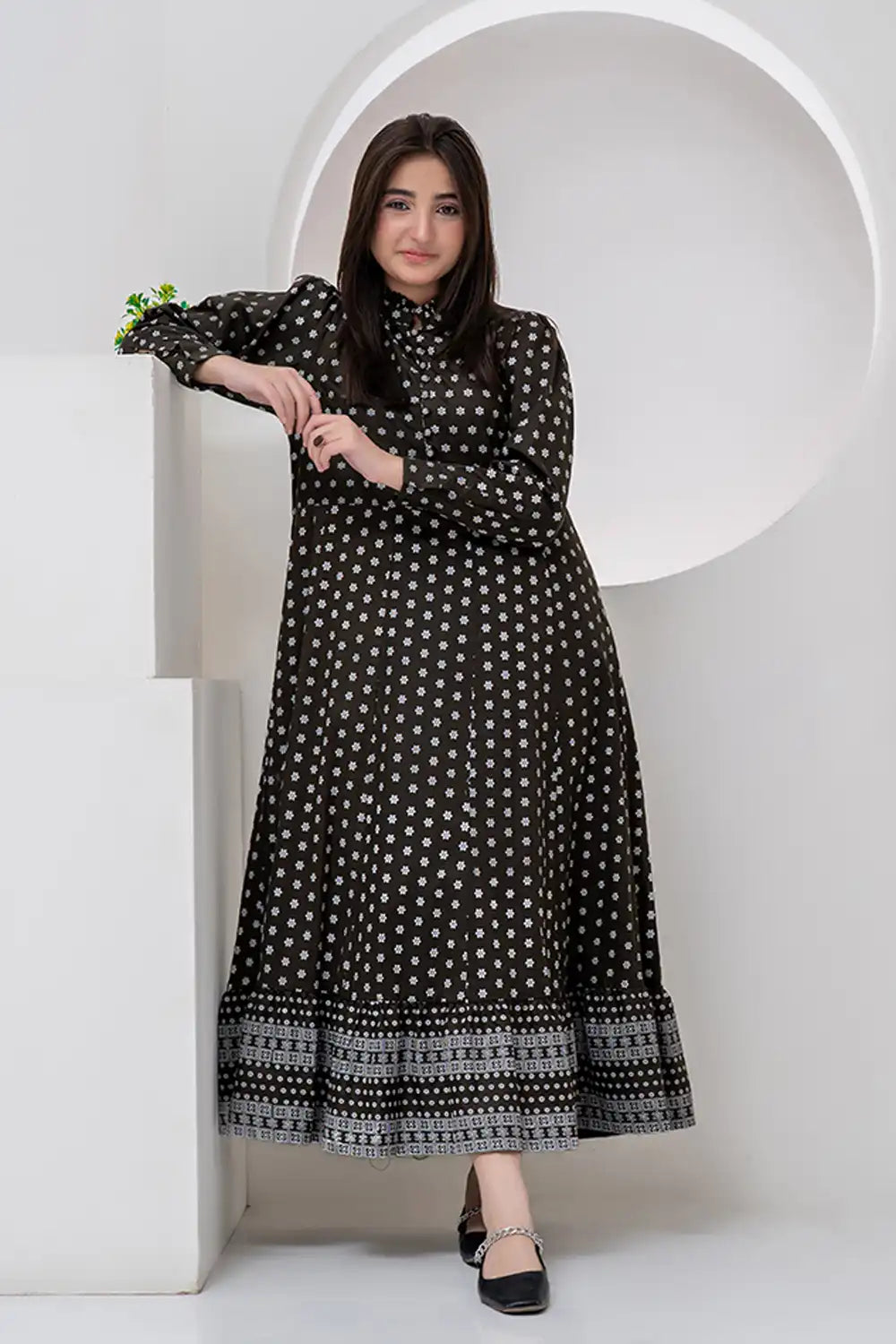 One Piece Yellow Cambric Lawn Maxi with Floral Print & Puff Sleeves ...